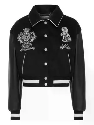 Philipp Plein Leather-sleeve Embroidered Bomber Jacket - Black