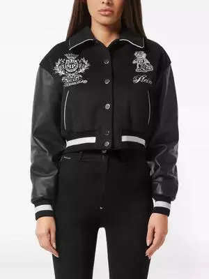 Philipp Plein Leather-sleeve Embroidered Bomber Jacket - Black