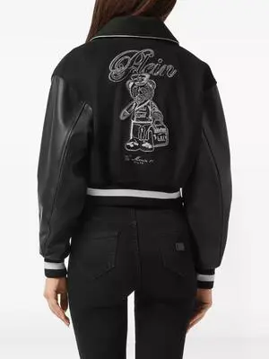 Philipp Plein Leather-sleeve Embroidered Bomber Jacket - Black