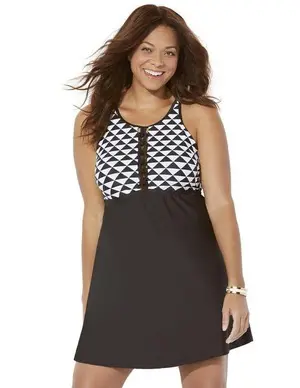 SWIMSUITS FOR ALL Macrame High Neck Swimdress Black Geometric