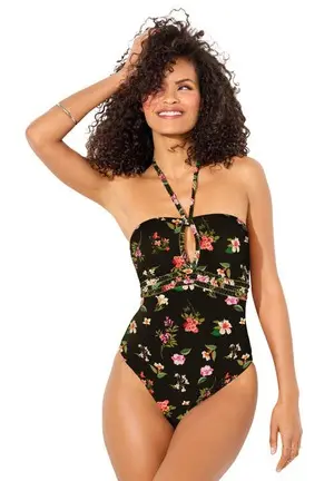 SWIMSUITS FOR ALL Braided Bandeau One-piece Swimsuit - Black Ditsy Floral