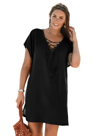 SWIMSUITS FOR ALL Esme Lace Up Cover Up Dress - Black