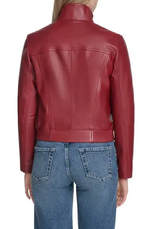 Cole Haan Stand Collar Leather Bomber Jacket - Dark Red
