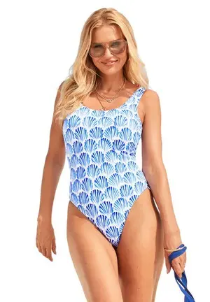 SWIMSUITS FOR ALL Scoop Back One-piece Swimsuit With Tummy Control - Blue Shells