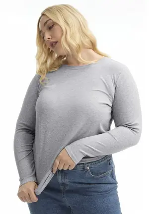 JUNE + VIE Ribbed Crewneck Top - Medium Heather Grey