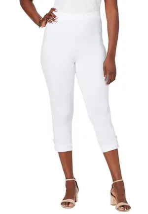 JESSICA LONDON Stretch Cotton Cuffed Capri Leggings - White