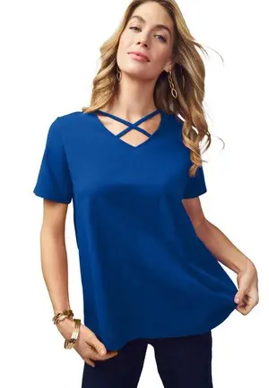 JESSICA LONDON Stretch Cotton Crisscross Strap V-neck Tee - Dark Sapphire