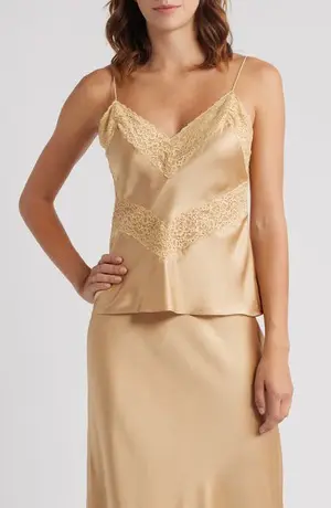 LoveShackFancy Lace Trim Silk Camisole - Camel Charm