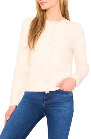 CECE DUPRAZ Fringe Trim Pearly Button Cardigan - Eggnog