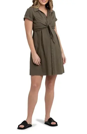 RIPE MATERNITY Colette Tie Up Linen Dress - Olive