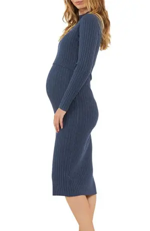 RIPE MATERNITY Nella Knit Ribbed Midi Dress - Denim Marle