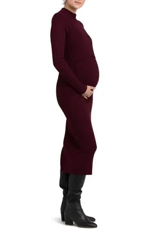RIPE MATERNITY Nella Long Sleeve Ribbed Midi Dress - Maroon