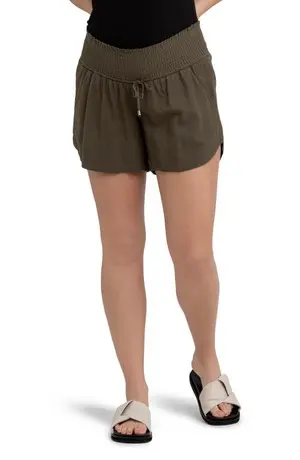 RIPE MATERNITY Shirred Linen Shorts - Olive