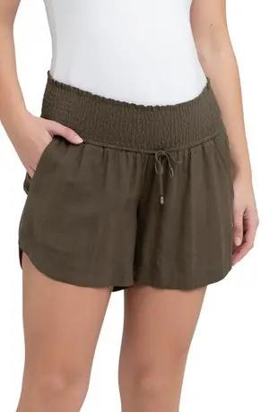 RIPE MATERNITY Shirred Linen Shorts - Olive