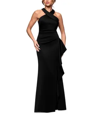 Aqua Scuba Ruffle Halter Gown - Black