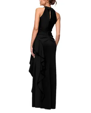 Aqua Scuba Ruffle Halter Gown - Black