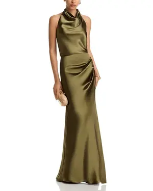 Aqua Draped Halter Gown - Olive