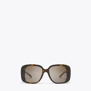 Tory Burch Pierced Oversized Square Sunglasses - Dark Tortoise/solid Brown