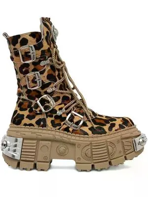 NEW ROCK 100mm Leopard Print Combat Boots - Brown
