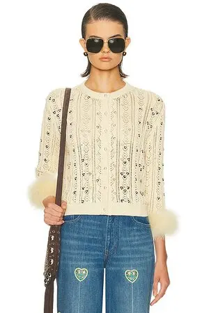 Valentino Garavani Embroidered Feather Cuff Cardigan - Cream