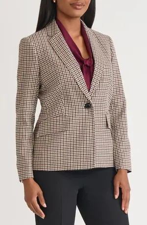 KASPER Houndstooth One-button Blazer - Toffee Multi
