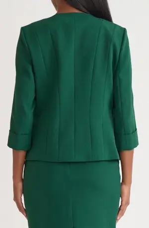 KASPER Three-quarter Sleeve Open Front Blazer - Evergreen