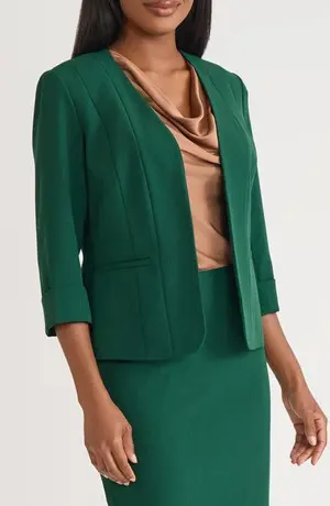KASPER Three-quarter Sleeve Open Front Blazer - Evergreen