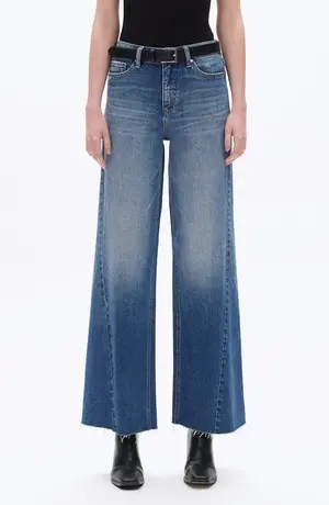BAYEAS High-rise Wide Leg Jeans With Raw Hem - Medium Blue