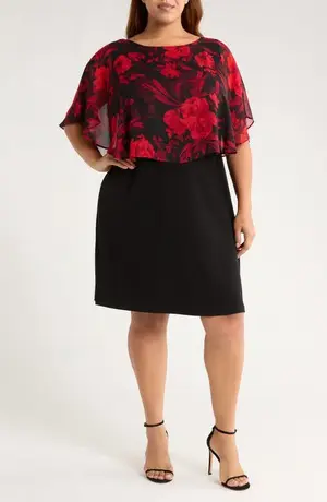 CONNECTED APPAREL Floral Cape Bodice Dress - Ruby