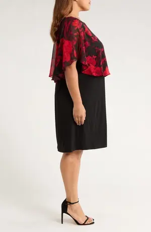 CONNECTED APPAREL Floral Cape Bodice Dress - Ruby