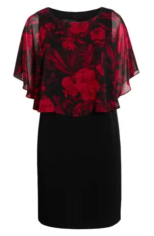 CONNECTED APPAREL Floral Cape Bodice Dress - Ruby