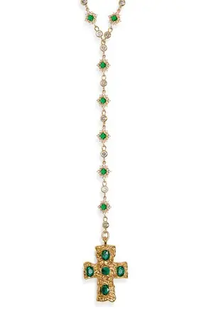 VIDAKUSH Belvedere Cross Rosary Chain Necklace - Gold/green