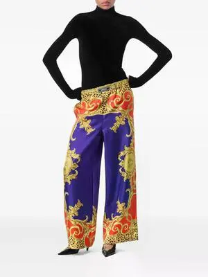 Versace Baroque And Leopard Print Silk Trousers