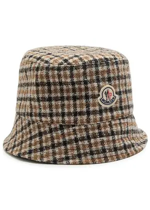 Moncler Reversible Houndstooth Wool-blend Bucket Hat - Brown