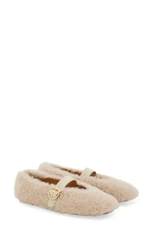 FERRAGAMO Gancio Genuine Shearling Ballet Flats - Merinillo Carino Mascarpone