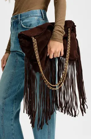 Veronica Beard Large Slouch Fringe Suede Shoulder Bag - Espresso