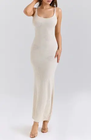 House Of Cb Dara Rose Embroidered Rib Knit Maxi Dress - Ecru