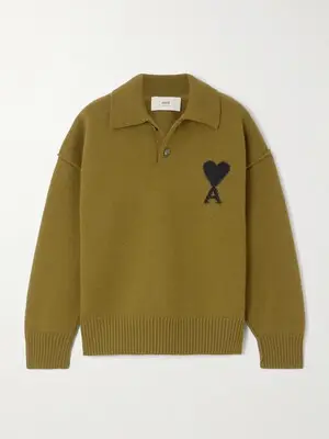 Ami Intarsia Wool Polo Sweater - Green