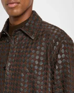 Bottega Veneta Apos;s Mix Leather And Suede Intreccio Overshirt - Brownmulti