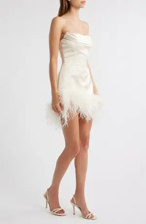 DELFI COLLECTIVE Adrienne Strapless Feather-trim Mini Dress