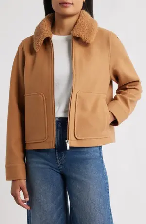 Sam Edelman Faux Fur Collar Zip-up Jacket - Camel