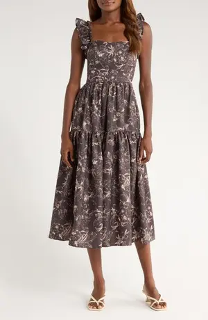 Moon River Print Flutter Strap Midi Dress