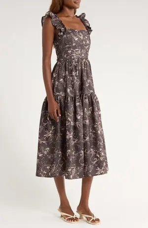 Moon River Print Flutter Strap Midi Dress