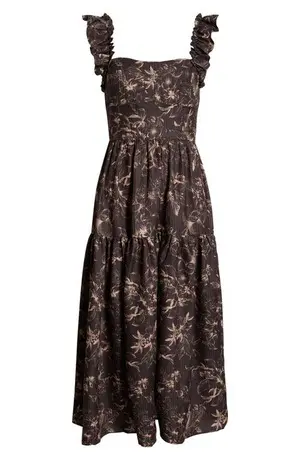 Moon River Print Flutter Strap Midi Dress