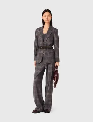 Maje Belted Checkered Suit Jacket - Grey