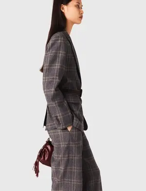 Maje Belted Checkered Suit Jacket - Grey