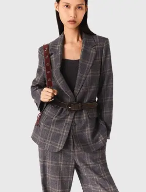 Maje Belted Checkered Suit Jacket - Grey