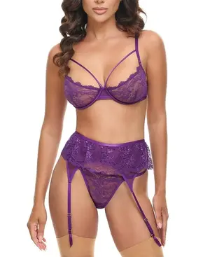 OH LA LA CHERI Denise Lace 3 Piece Bra Set - Imperial Purple
