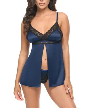 OH LA LA CHERI Iris Satin & Lace Babydoll - Estate Blue/black