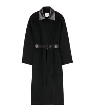 Sandro Long Wool And Leather Trench Coat - Black